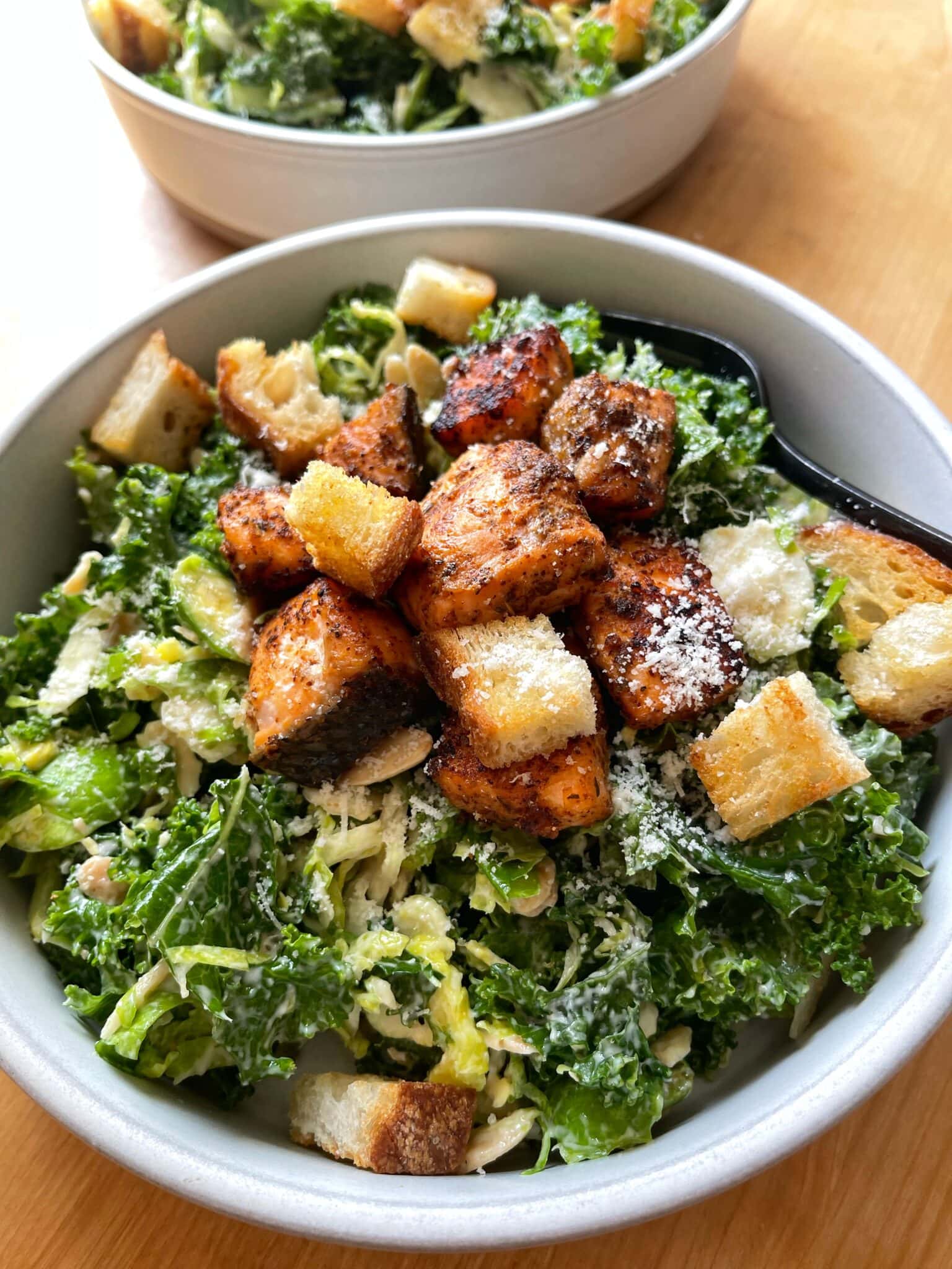 Shredded Kale Salmon Caesar Salad - onebalancedlife.com